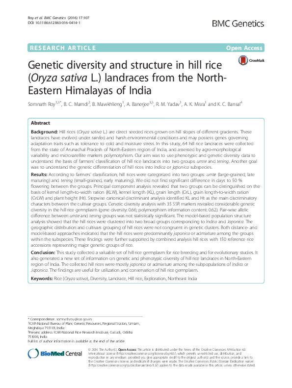 (PDF) Genetic diversity and structure in hill rice (Oryza sativa L.) landraces from the North ...
