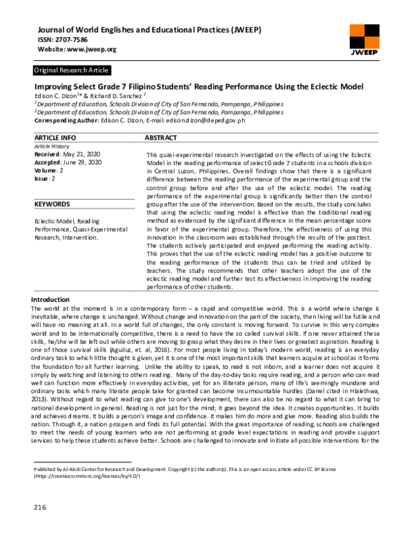 (PDF) Improving Select Grade 7 Filipino Students' Reading Performance ...