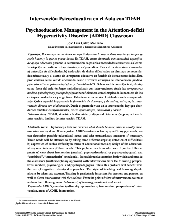 (PDF) Intervención Psicoeducativa en el Aula con TDAH Psychoeducation Management in the ...