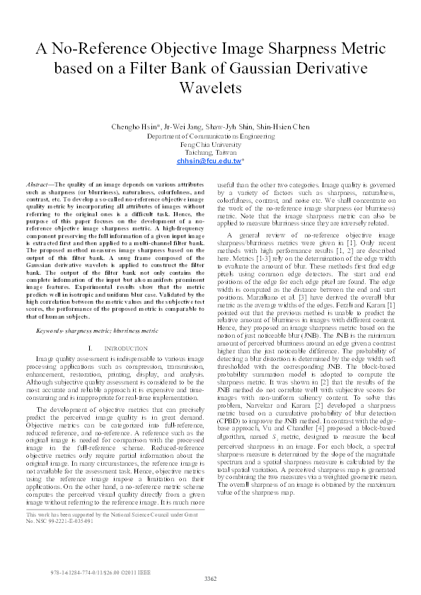 Pdf A No Reference Objective Image Sharpness Metric Based On A Filter