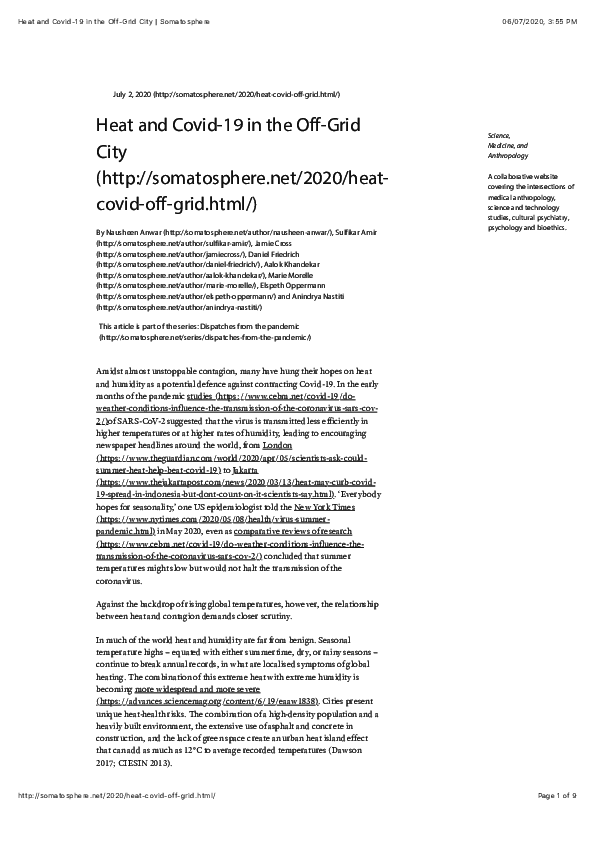 (PDF) Heat and Covid 19 in the Off Grid City | Somatosphere