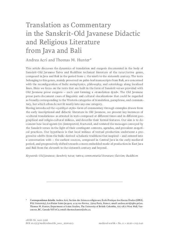 (PDF) 2020. [Acri and Hunter] Translation as Commentary in the Sanskrit ...