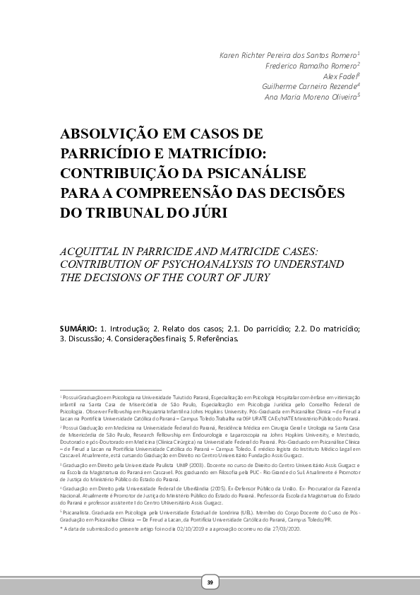 (PDF) ABSOLVIÇÃO EM CASOS DE PARRICÍDIO E MATRICÍDIO: CONTRIBUIÇÃO DA ...