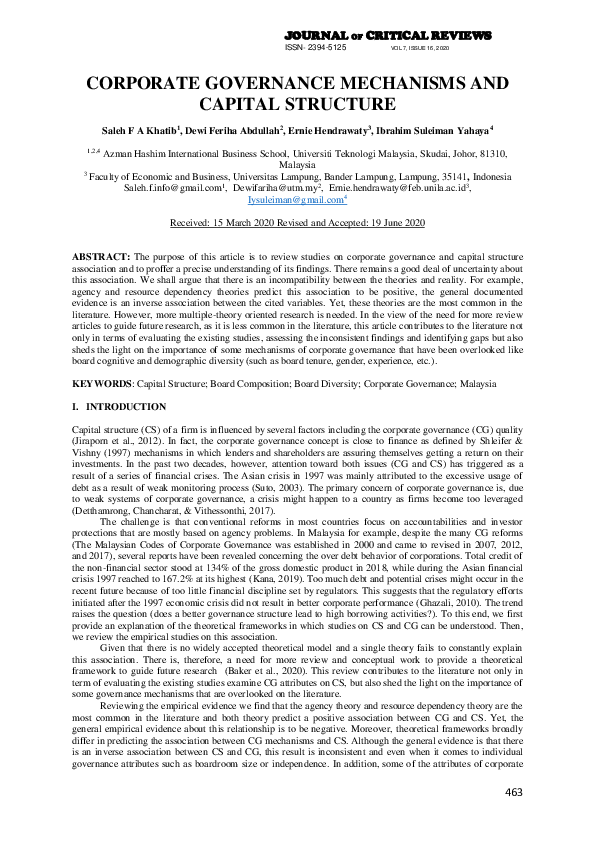 (PDF) Corporate Governance Mechanisms and Capital Structure