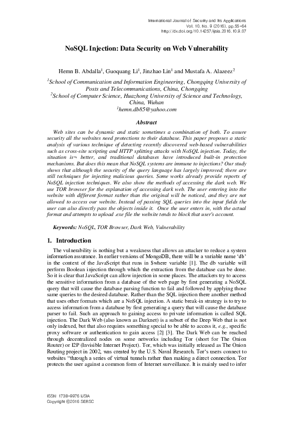 (PDF) NoSQL Injection: Data Security on Web Vulnerability