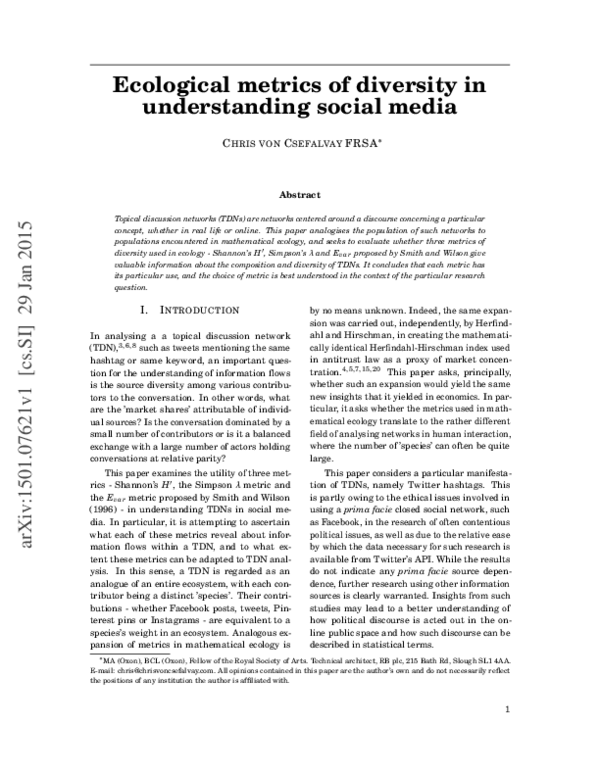 (PDF) Ecological metrics of diversity in understanding social media