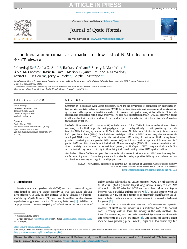 (PDF) Urine lipoarabinomannan as a marker for low-risk of NTM infection in the CF airway