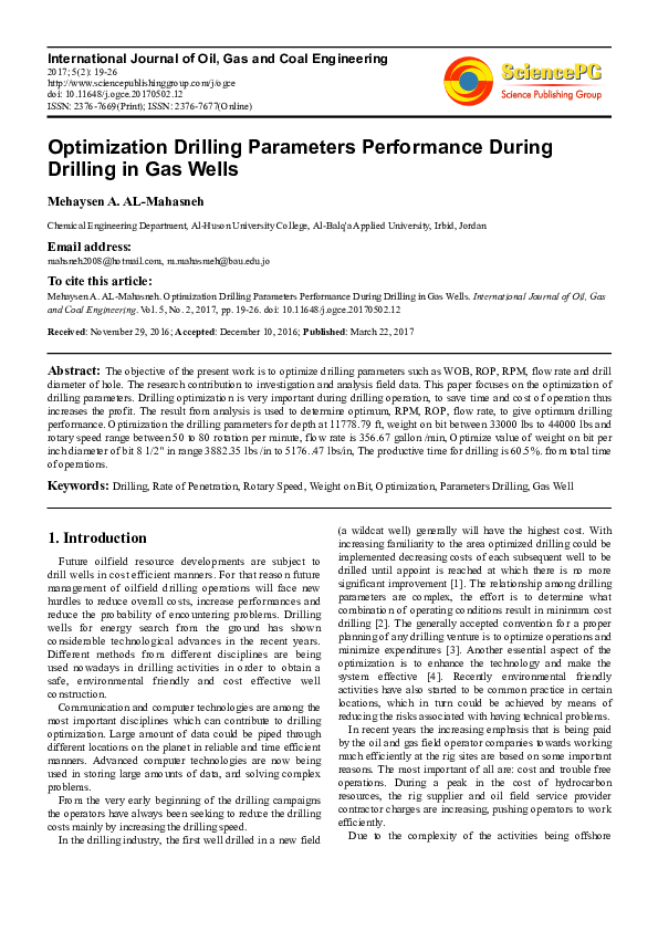 Pdf Optimization Drilling Parameters Performance During Drilling In