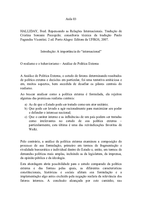 (DOC) Aula 03 O realismo e o behaviorismo Análise de Politica Externa