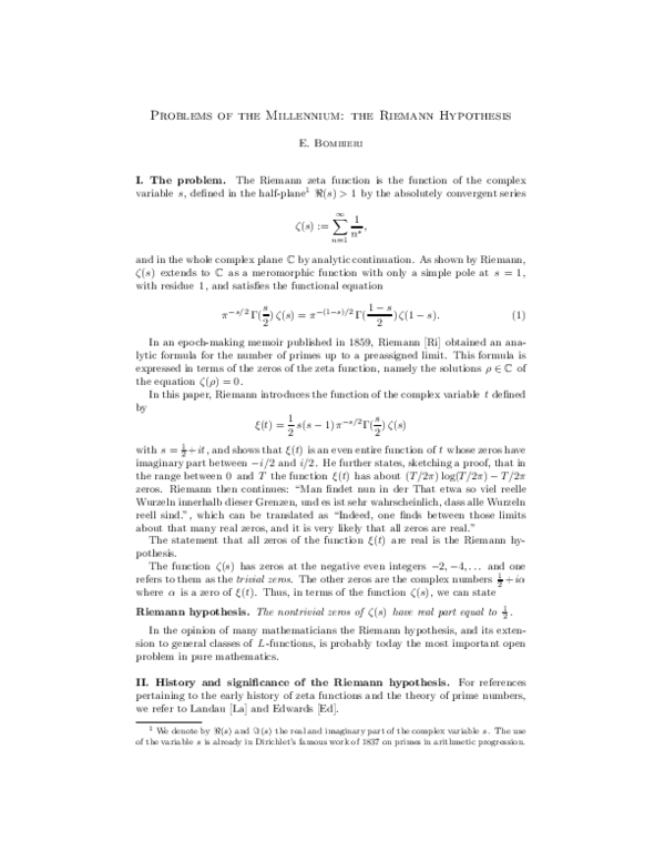 (PDF) Problems of the Millennium: the Riemann Hypothesis