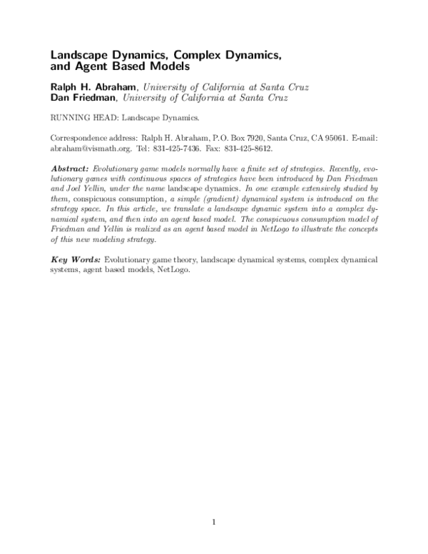(PDF) Landscape Dynamics, Complex Dynamics, and Agent Based Models