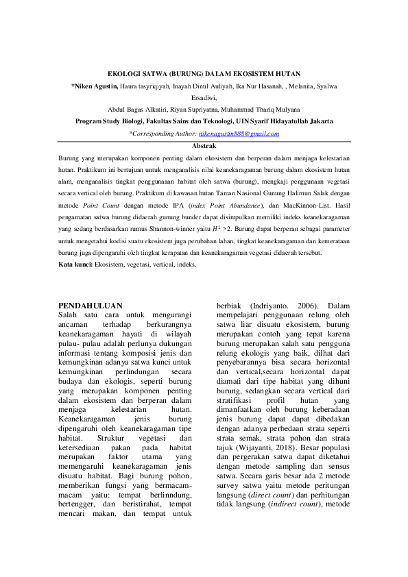 (PDF) Jurnal FieldTrip EKOLOGI SATWA (BURUNG) DALAM EKOSISTEM HUTAN