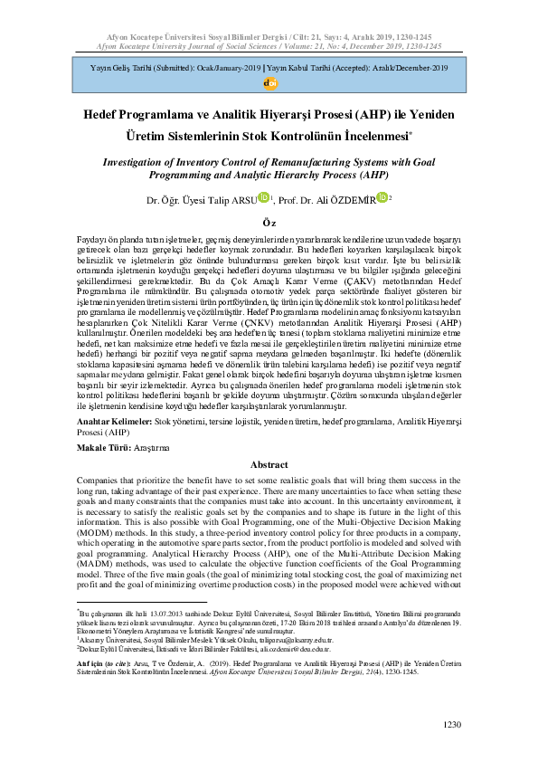 (PDF) Hedef Programlama ve Analitik Hiyerarşi Prosesi (AHP) ile Yeniden Üretim Sistemlerinin ...