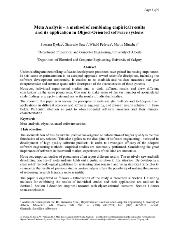(PDF) Meta Analysis -a method of combining empirical results and its application in Object ...