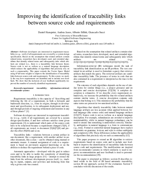 Pdf Improving The Identification Of Traceability Links Between Source