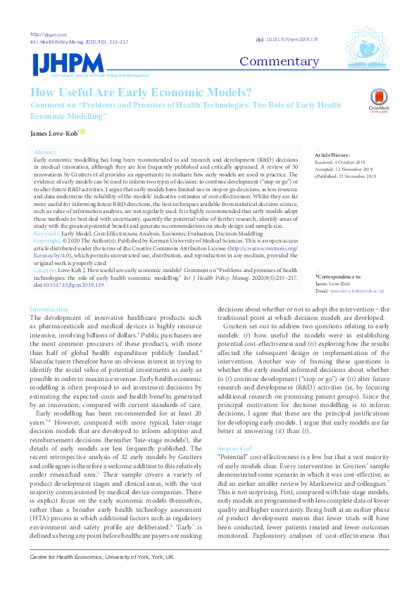 (PDF) How Useful Are Early Economic Models?; Comment on “Problems and ...