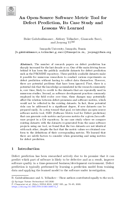 (PDF) An Open-Source Software Metric Tool for Defect Prediction, Its Case Study and Lessons We ...