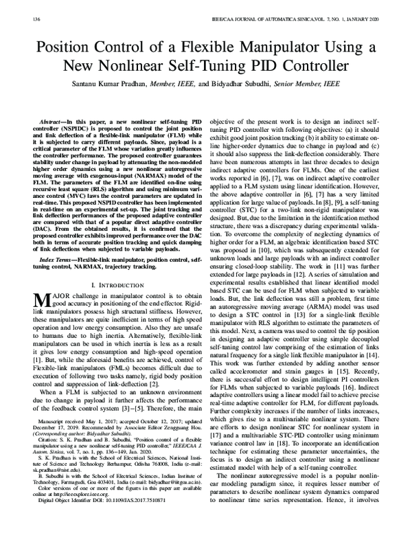 (PDF) Position Control of a Flexible Manipulator Using a New Nonlinear Self-Tuning PID Controller