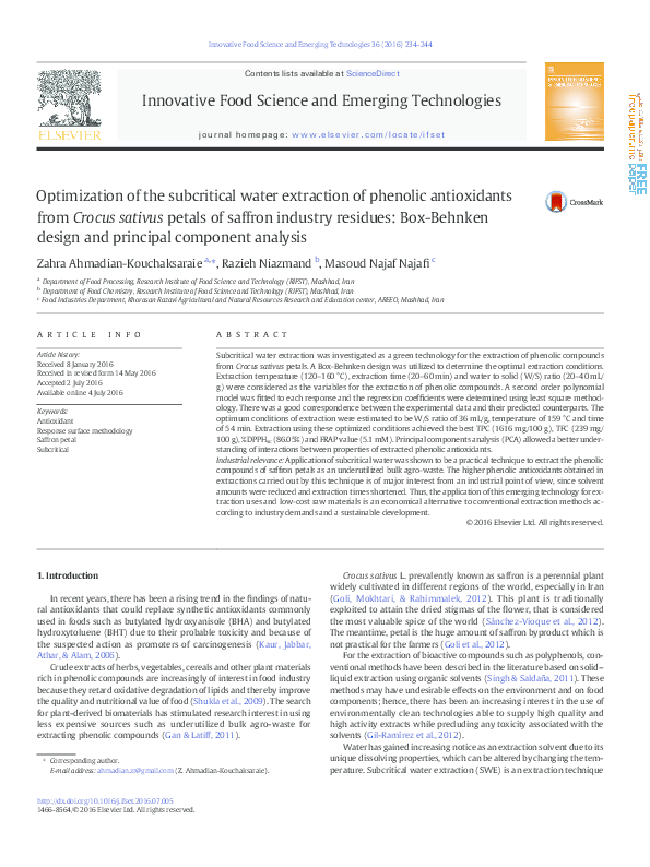 (PDF) Optimization of the subcritical water extraction of phenolic ...