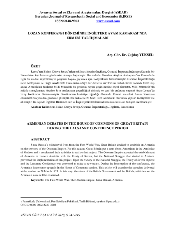 (PDF) LOZAN KONFERANSI DÖNEMİNDE İNGİLTERE AVAM KAMARASI’NDA ERMENİ TARTIŞMALARI