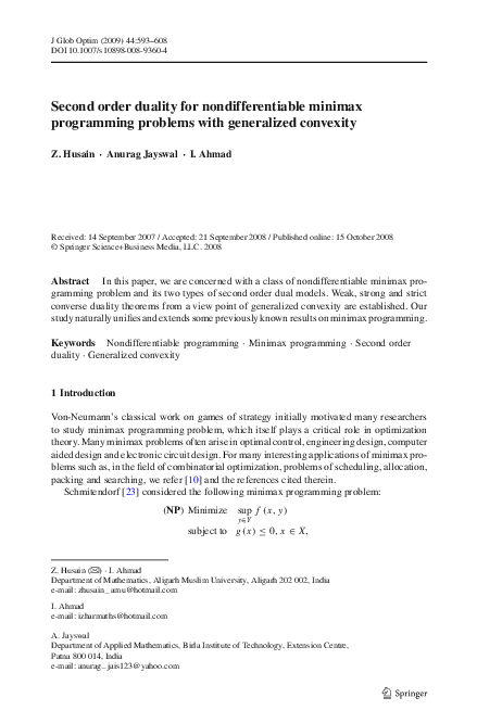 (PDF) Second order duality for nondifferentiable minimax programming problems with generalized ...
