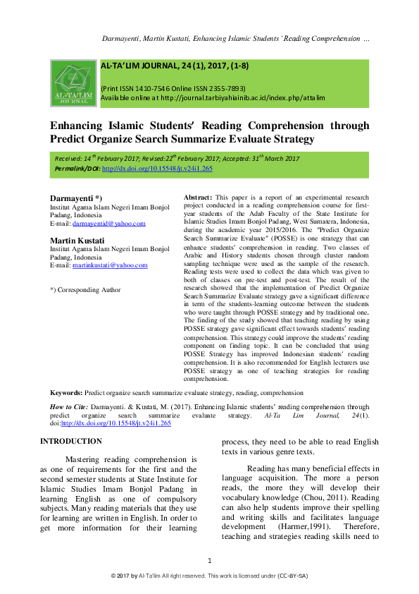 (PDF) Enhancing Islamic Students’ Reading Comprehension through Predict Organize Search ...