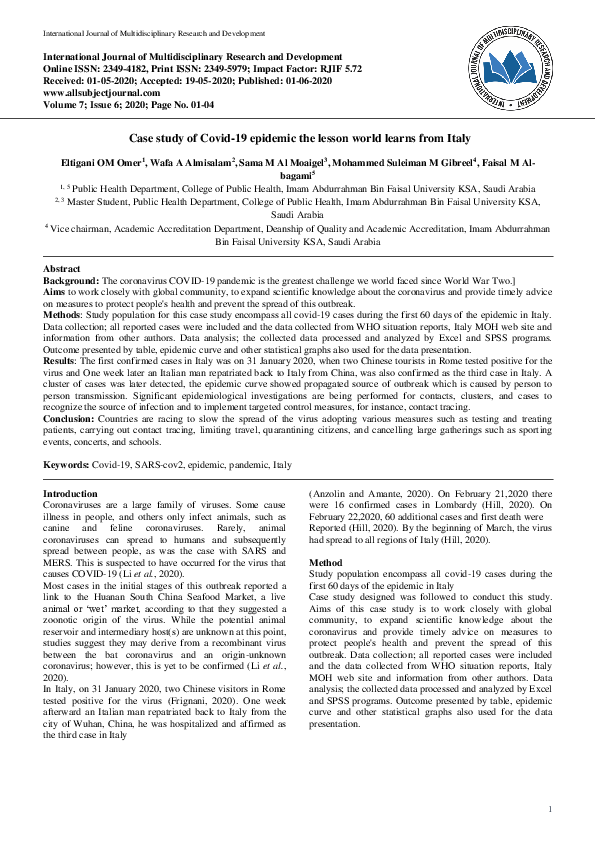 (PDF) Case study of Covid-19 epidemic the lesson world learns from Italy