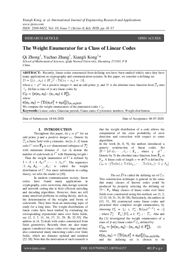 Pdf The Weight Enumerator For A Class Of Linear Codes