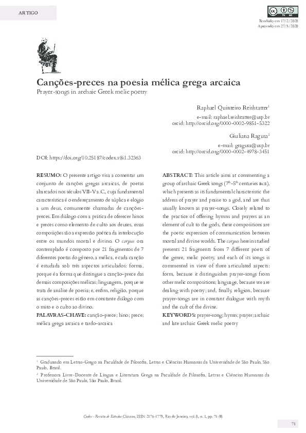 (PDF) Canções-preces na poesia mélica grega arcaica Prayer-songs in ...