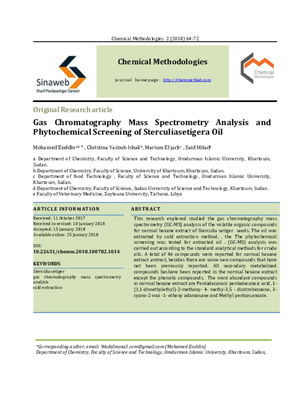 (PDF) Gas Chromatography Mass Spectrometry Analysis and Phytochemical Screening of ...
