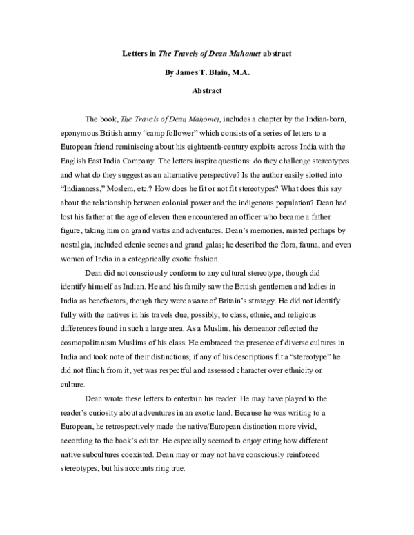 (DOC) Letters in The Travels of Dean Mahomet (abstract)