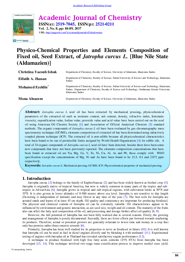 (PDF) Physico-Chemical Properties and Elements Composition of Fixed oil ...