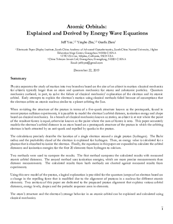 (PDF) Atomic Orbitals: Explained and Derived by Energy Wave Equations