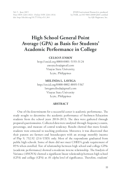 (PDF) High School General Point Average (GPA) as Basis for Students ...