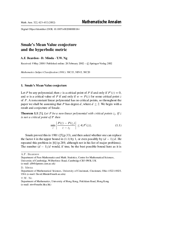 (PDF) Smale's Mean Value conjecture and the hyperbolic metric