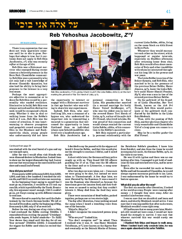 (PDF) Reb Yehoshua Jacobowitz Z"l & his relationship with Liska