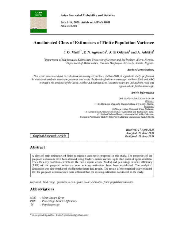 Pdf Ameliorated Class Of Estimators Of Finite Population Variance