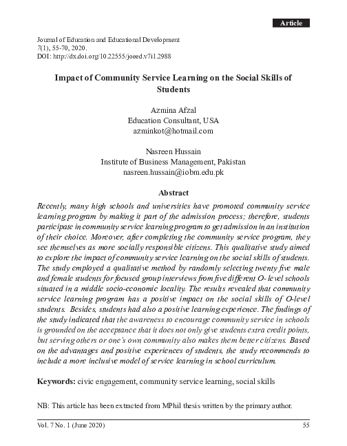 (PDF) Impact of Community Service Learning on the Social Skills of Students