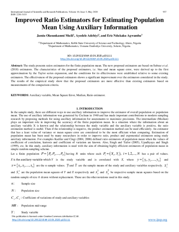 Pdf Improved Ratio Estimators For Estimating Population Mean Using Auxiliary Information 