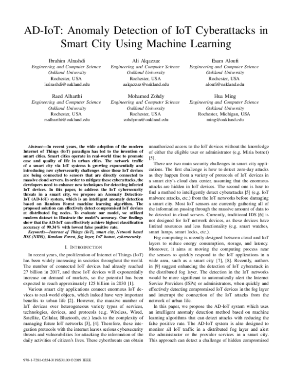 Pdf Ad Iot Anomaly Detection Of Iot Cyberattacks In Smart City Using Machine Learning