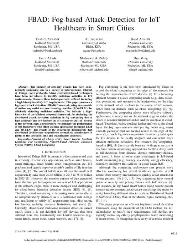 (PDF) FBAD: Fog-based Attack Detection for IoT Healthcare in Smart Cities