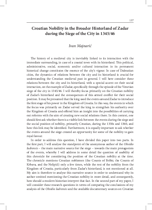(PDF) Croatian Nobility in the Broader Hinterland of Zadar during the ...
