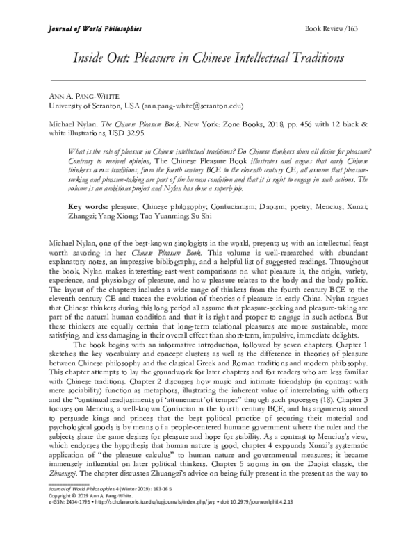 Inside Out: Pleasure in Chinese Intellectual Traditions