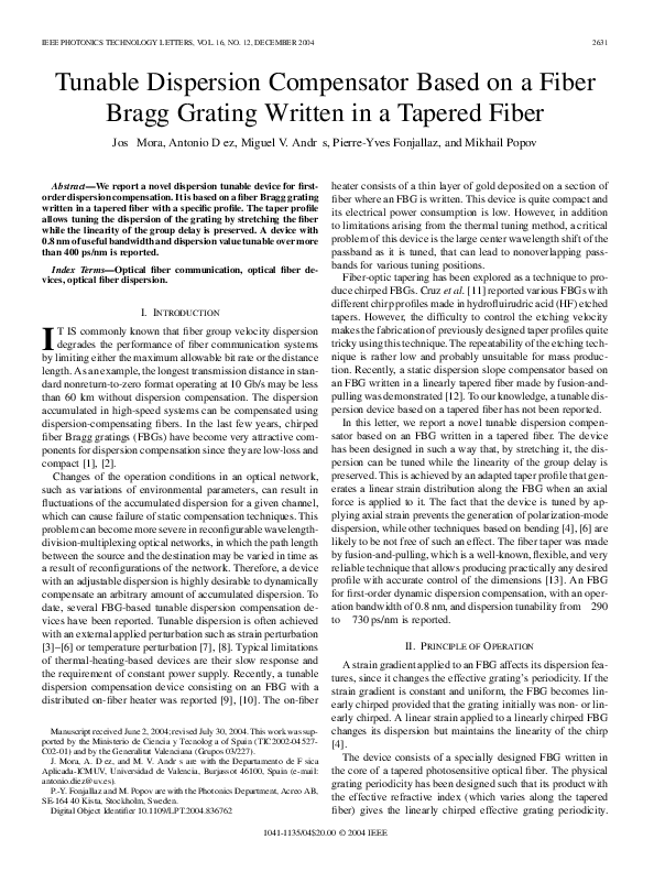 Pdf Tunable Dispersion Compensator Based On A Fiber Bragg Grating Written In A Tapered Fiber