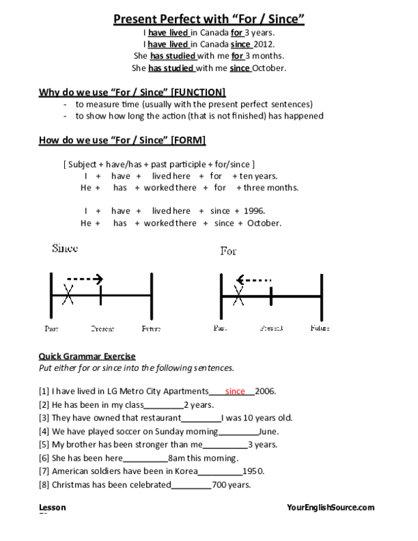 (DOC) Present Perfect with "For / Since"