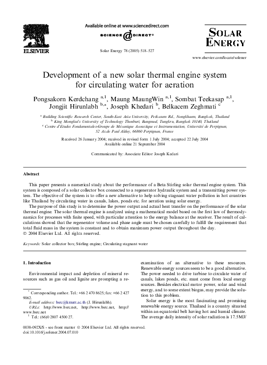 (PDF) Development of a new solar thermal engine system for circulating ...