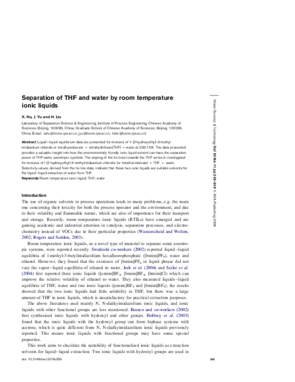 (PDF) Separation of THF and water by room temperature ionic liquids