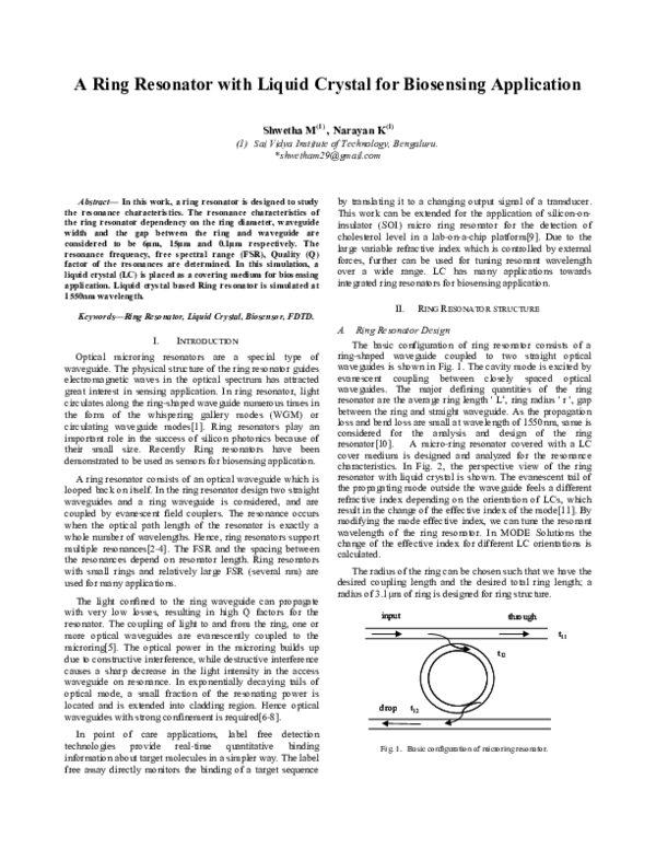 (PDF) A Ring Resonator with Liquid Crystal for Biosensing Application