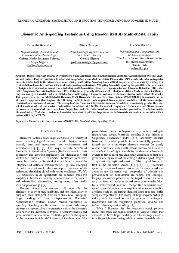 (PDF) Biometric Anti-spoofing Technique Using Randomized 3D Multi-Modal Traits