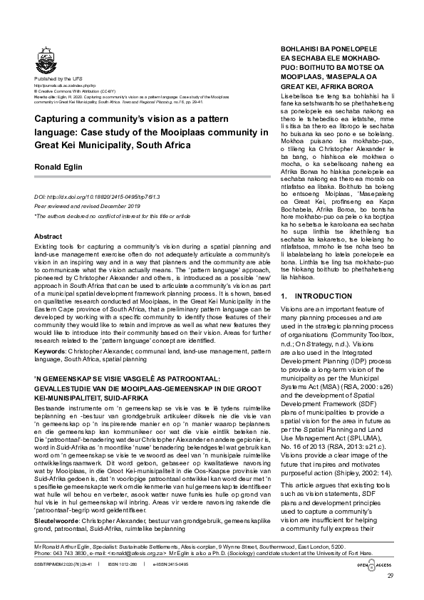 (PDF) Capturing a community's vision as a pattern language: Case study of the Mooiplaas ...